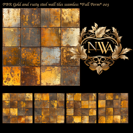 Second Life Marketplace - 5pc PBR Gold and rusty steel wall tiles texture seamless *Full Perm* 003